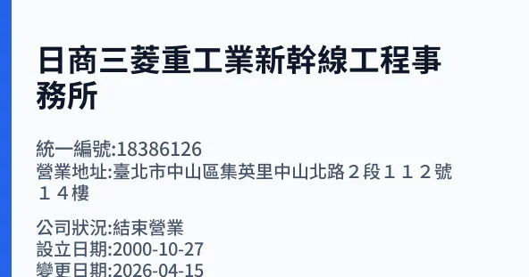 日商三菱重工業新幹線工程事務所的照片-統編 18386126(臺北市) 公司登記資料與營業項目詳細圖表
