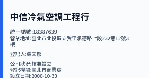 中信冷氣空調工程行的照片-統編 18387639(臺北市) 公司登記資料與營業項目詳細圖表