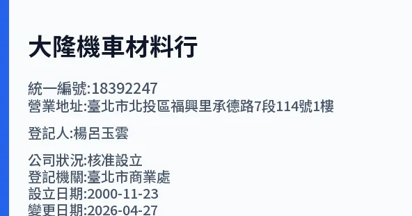 大隆機車材料行的照片-統編 18392247(臺北市) 公司登記資料與營業項目詳細圖表