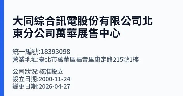 大同綜合訊電股份有限公司北東分公司萬華展售中心的照片-統編 18393098(臺北市) 公司登記資料與營業項目詳細圖表