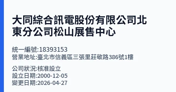大同綜合訊電股份有限公司北東分公司松山展售中心的照片-統編 18393153(臺北市) 公司登記資料與營業項目詳細圖表