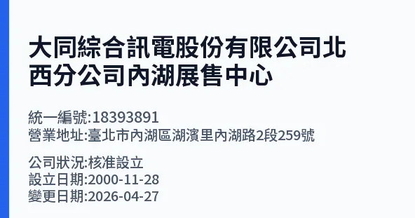 大同綜合訊電股份有限公司北西分公司內湖展售中心的照片-統編 18393891(臺北市) 公司登記資料與營業項目詳細圖表