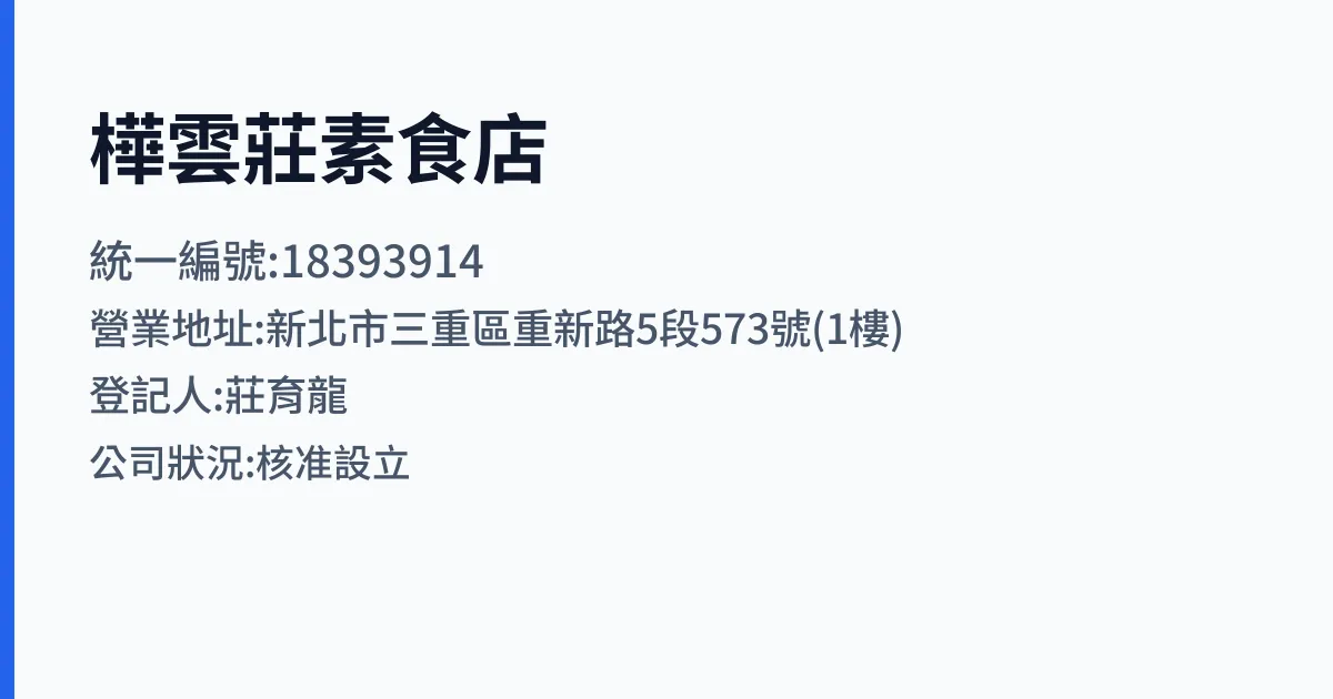 樺雲莊素食店 - 統編 18393914(新北市) 公司登記資料與營業項目詳細圖表