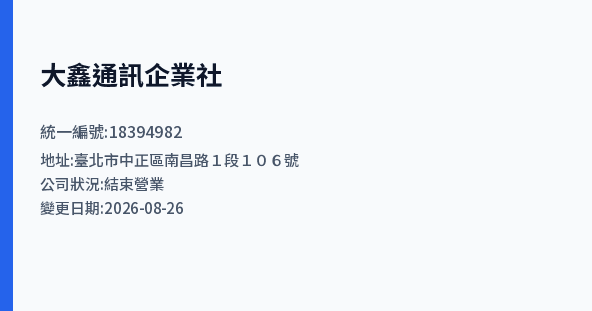 大鑫通訊企業社的照片-統編 18394982(臺北市) 公司登記資料與營業項目詳細圖表