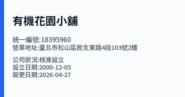 有機花園小舖的照片-統編 18395960(臺北市) 公司登記資料與營業項目詳細圖表