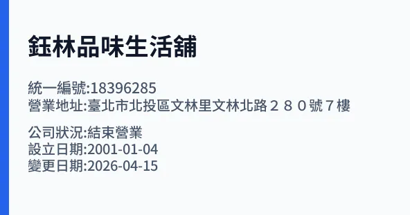 鈺林品味生活舖的照片-統編 18396285(臺北市) 公司登記資料與營業項目詳細圖表