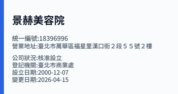 景赫美容院的照片-統編 18396996(臺北市) 公司登記資料與營業項目詳細圖表