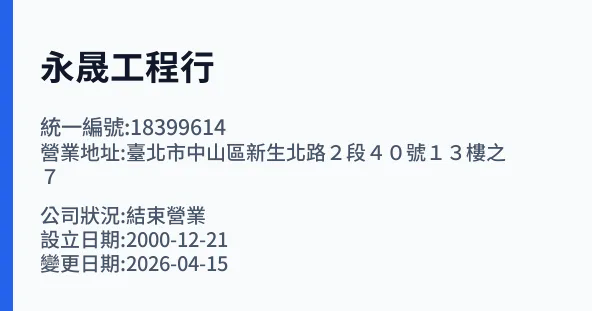 永晟工程行的照片-統編 18399614(臺北市) 公司登記資料與營業項目詳細圖表