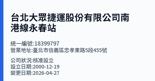 台北大眾捷運股份有限公司南港線永春站的照片-統編 18399797(臺北市) 公司登記資料與營業項目詳細圖表