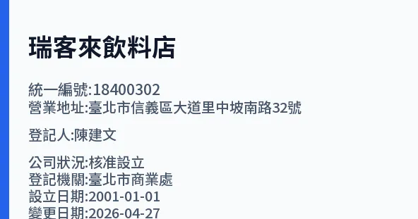 瑞客來飲料店的照片-統編 18400302(臺北市) 公司登記資料與營業項目詳細圖表