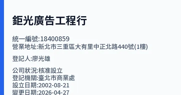 鉅光廣告工程行的照片-統編 18400859(新北市) 公司登記資料與營業項目詳細圖表