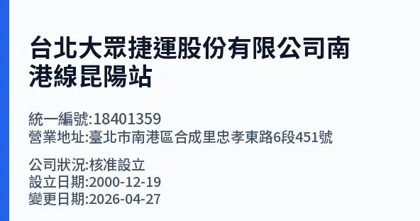 台北大眾捷運股份有限公司南港線昆陽站的照片-統編 18401359(臺北市) 公司登記資料與營業項目詳細圖表