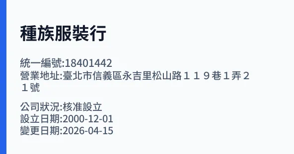 種族服裝行的照片-統編 18401442(臺北市) 公司登記資料與營業項目詳細圖表