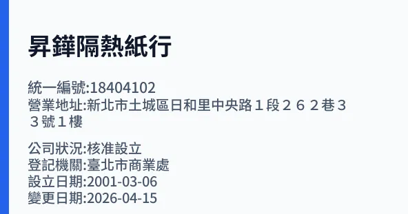 昇鏵隔熱紙行的照片-統編 18404102(新北市) 公司登記資料與營業項目詳細圖表