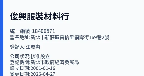 俊興服裝材料行的照片-統編 18406571(新北市) 公司登記資料與營業項目詳細圖表