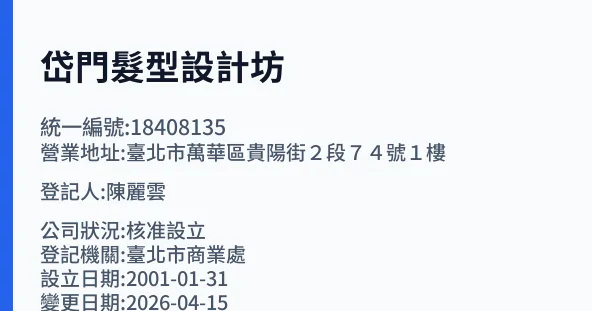 岱門髮型設計坊的照片-統編 18408135(臺北市) 公司登記資料與營業項目詳細圖表