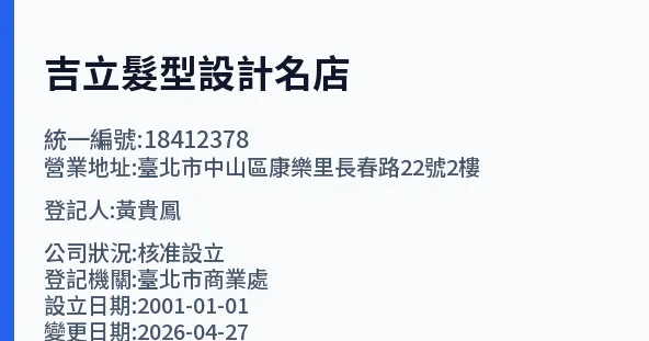 吉立髮型設計名店的照片-統編 18412378(臺北市) 公司登記資料與營業項目詳細圖表