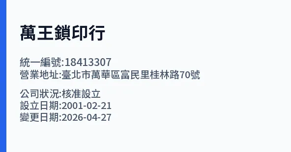 萬王鎖印行的照片-統編 18413307(臺北市) 公司登記資料與營業項目詳細圖表