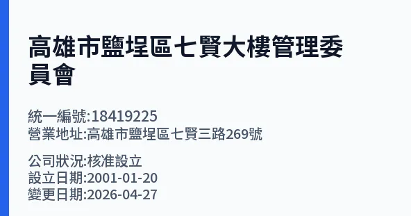高雄市鹽埕區七賢大樓管理委員會的照片-統編 18419225(高雄市) 公司登記資料與營業項目詳細圖表