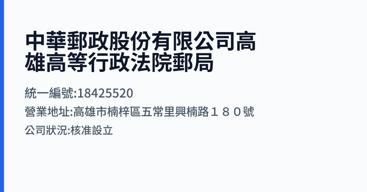 中華郵政股份有限公司高雄高等行政法院郵局 - 統編 18425520(高雄市) 公司登記資料與營業項目詳細圖表