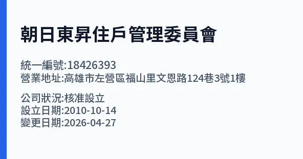 朝日東昇住戶管理委員會的照片-統編 18426393(高雄市) 公司登記資料與營業項目詳細圖表