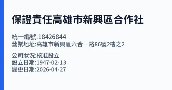 保證責任高雄市新興區合作社的照片-統編 18426844(高雄市) 公司登記資料與營業項目詳細圖表