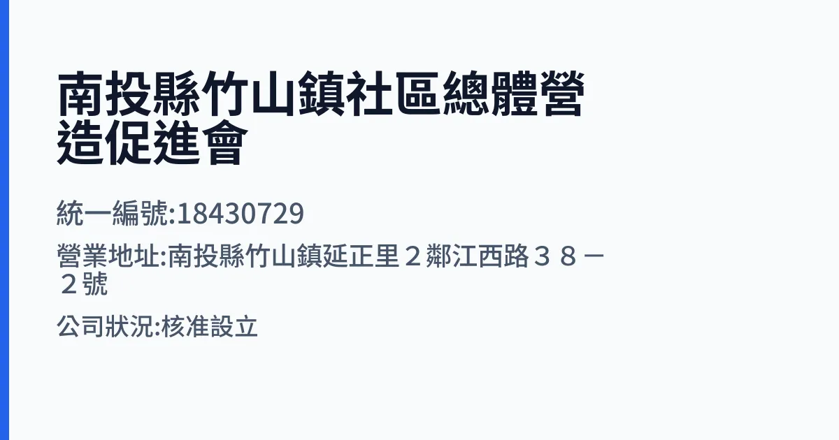 南投縣竹山鎮社區總體營造促進會 - 統編 18430729(南投縣) 公司登記資料與營業項目詳細圖表