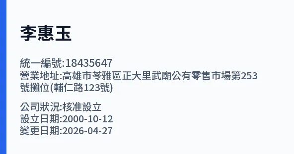 李惠玉的照片-統編 18435647(高雄市) 公司登記資料與營業項目詳細圖表