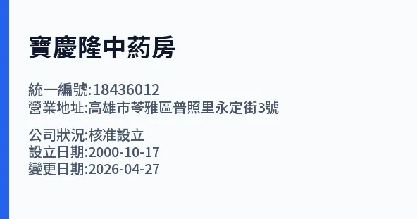 寶慶隆中葯房的照片-統編 18436012(高雄市) 公司登記資料與營業項目詳細圖表