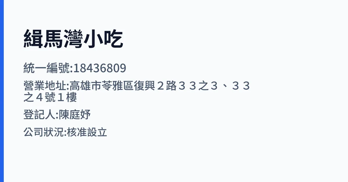 緝馬灣小吃 - 統編 18436809(高雄市) 公司登記資料與營業項目詳細圖表