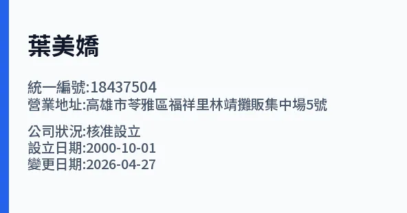 葉美嬌的照片-統編 18437504(高雄市) 公司登記資料與營業項目詳細圖表