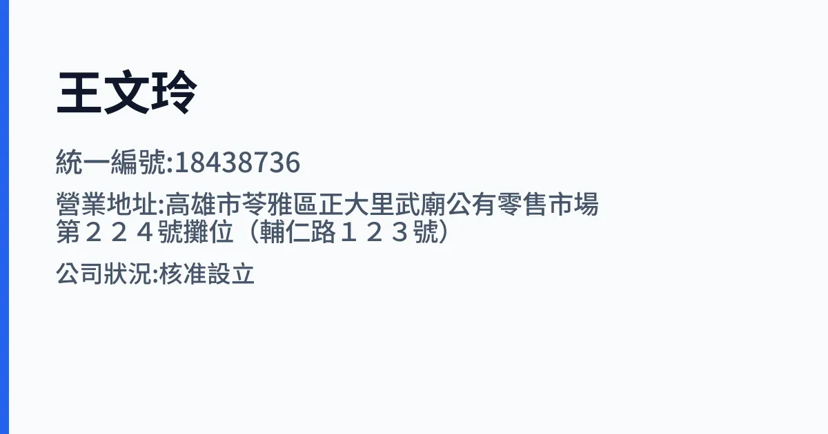 王文玲 - 統編 18438736(高雄市) 公司登記資料與營業項目詳細圖表