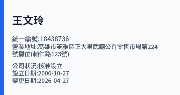 王文玲的照片-統編 18438736(高雄市) 公司登記資料與營業項目詳細圖表