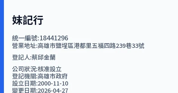 妹記行的照片-統編 18441296(高雄市) 公司登記資料與營業項目詳細圖表