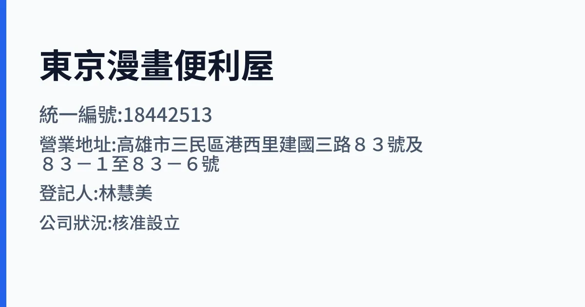 東京漫畫便利屋 - 統編 18442513(高雄市) 公司登記資料與營業項目詳細圖表