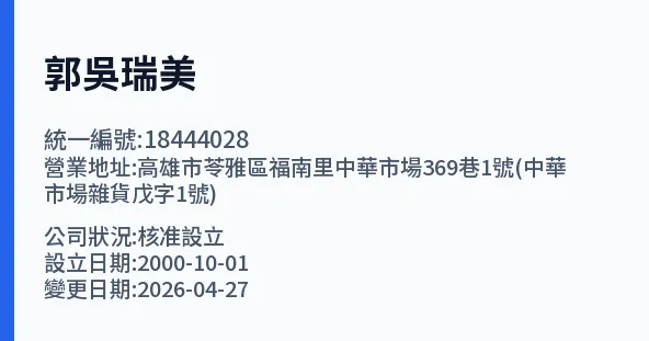 郭吳瑞美的照片-統編 18444028(高雄市) 公司登記資料與營業項目詳細圖表