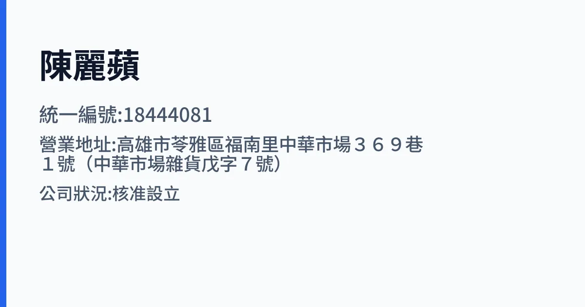 陳麗蘋 - 統編 18444081(高雄市) 公司登記資料與營業項目詳細圖表