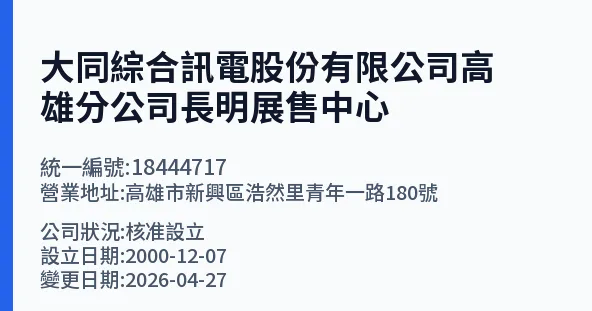 大同綜合訊電股份有限公司高雄分公司長明展售中心的照片-統編 18444717(高雄市) 公司登記資料與營業項目詳細圖表