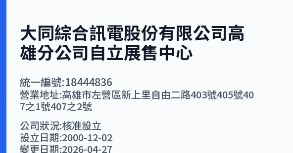 大同綜合訊電股份有限公司高雄分公司自立展售中心的照片-統編 18444836(高雄市) 公司登記資料與營業項目詳細圖表