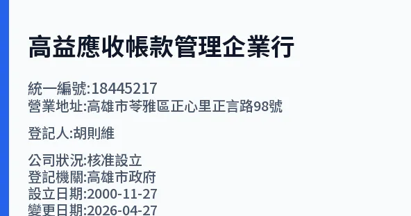高益應收帳款管理企業行的照片-統編 18445217(高雄市) 公司登記資料與營業項目詳細圖表