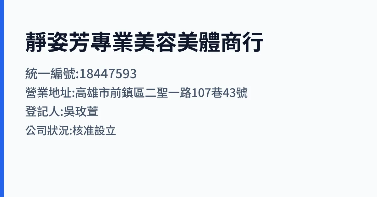 靜姿芳專業美容美體商行 - 統編 18447593(高雄市) 公司登記資料與營業項目詳細圖表