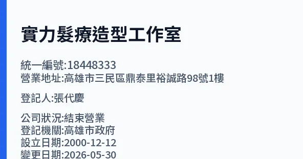實力髮療造型工作室的照片-統編 18448333(高雄市) 公司登記資料與營業項目詳細圖表