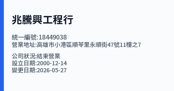 兆騰興工程行的照片-統編 18449038(高雄市) 公司登記資料與營業項目詳細圖表