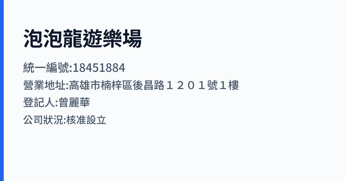 泡泡龍遊樂場 - 統編 18451884(高雄市) 公司登記資料與營業項目詳細圖表