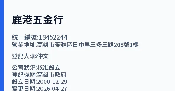 鹿港五金行的照片-統編 18452244(高雄市) 公司登記資料與營業項目詳細圖表