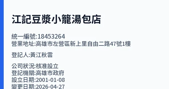江記豆漿小籠湯包店的照片-統編 18453264(高雄市) 公司登記資料與營業項目詳細圖表