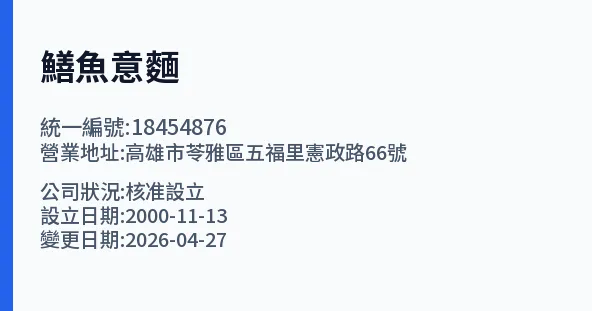 鱔魚意麵的照片-統編 18454876(高雄市) 公司登記資料與營業項目詳細圖表