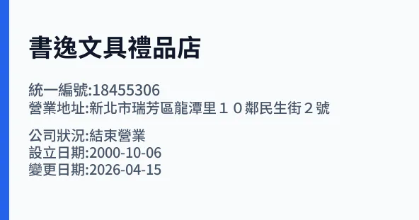 書逸文具禮品店的照片-統編 18455306(新北市) 公司登記資料與營業項目詳細圖表