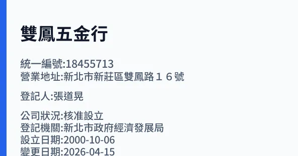 雙鳳五金行的照片-統編 18455713(新北市) 公司登記資料與營業項目詳細圖表