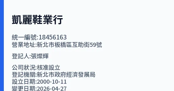 凱麗鞋業行的照片-統編 18456163(新北市) 公司登記資料與營業項目詳細圖表